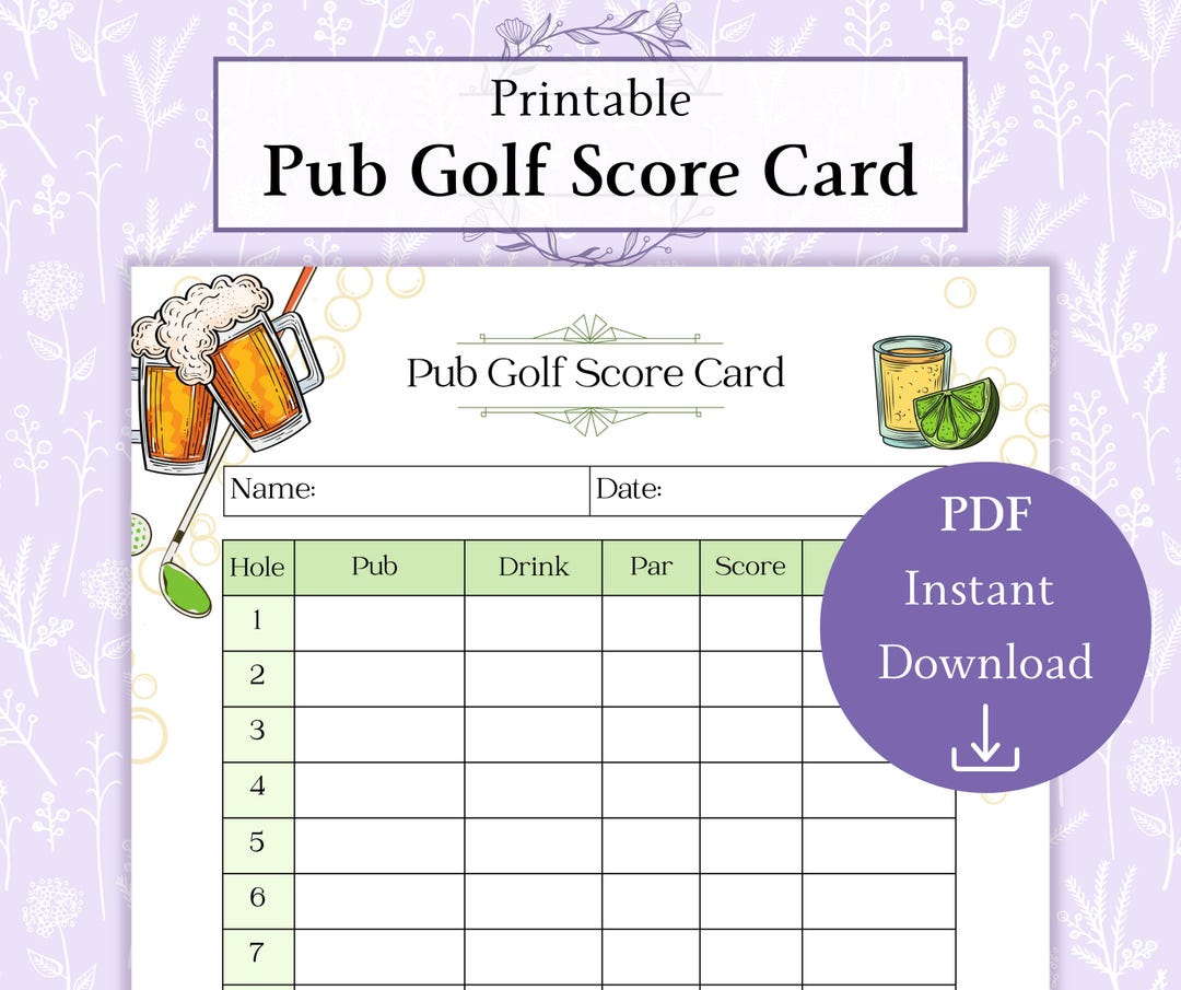 Pub Golf Score Card Printable PDF | Bar Golf Score Card | Pub Crawl ...