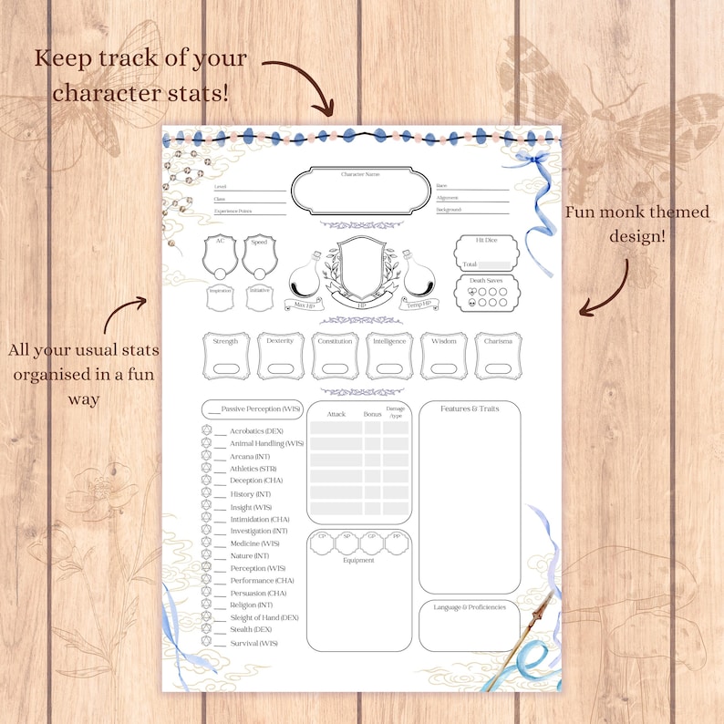 Monk Dnd Character Sheet Printable PDF | Dnd Accessories | Monk Class ...
