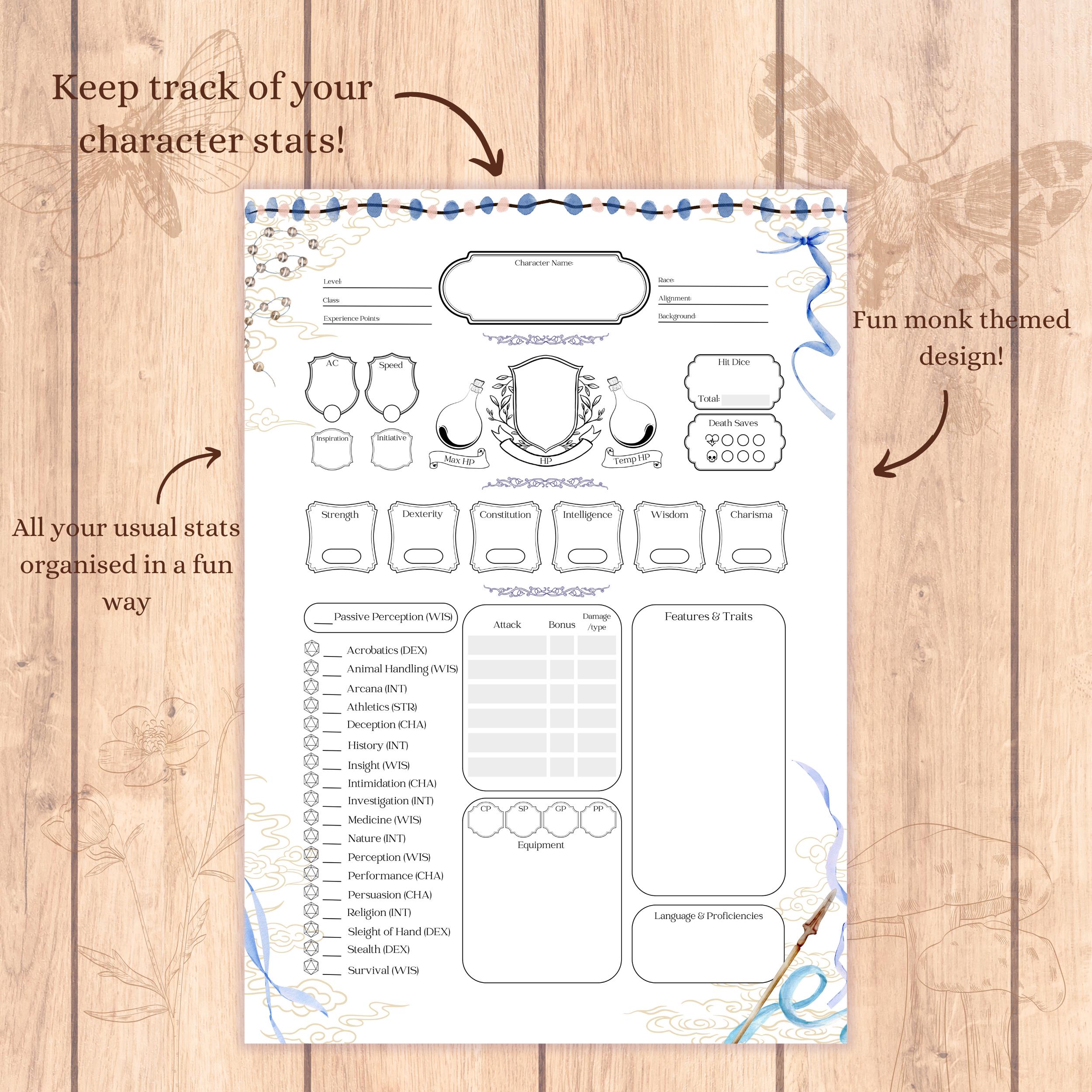 Monk Dnd Character Sheet Printable PDF | Dnd Accessories | Monk Class ...