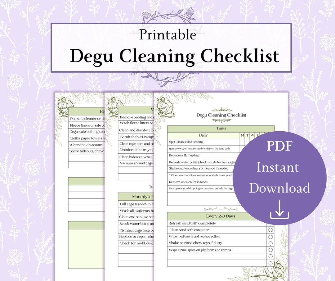 Degu Cleaning Checklist Printable PDF, Small Pet Cage Cleaning Routine ...