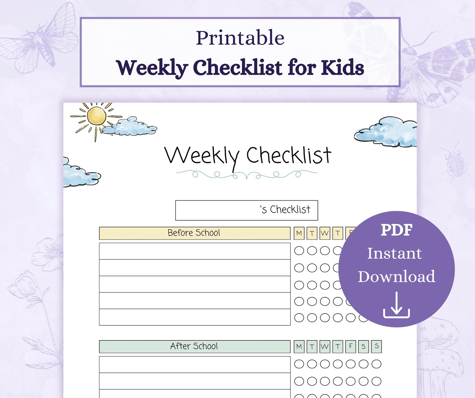 Weekly Checklist for Kids Printable PDF Chore Chart for Kids Weekly ...