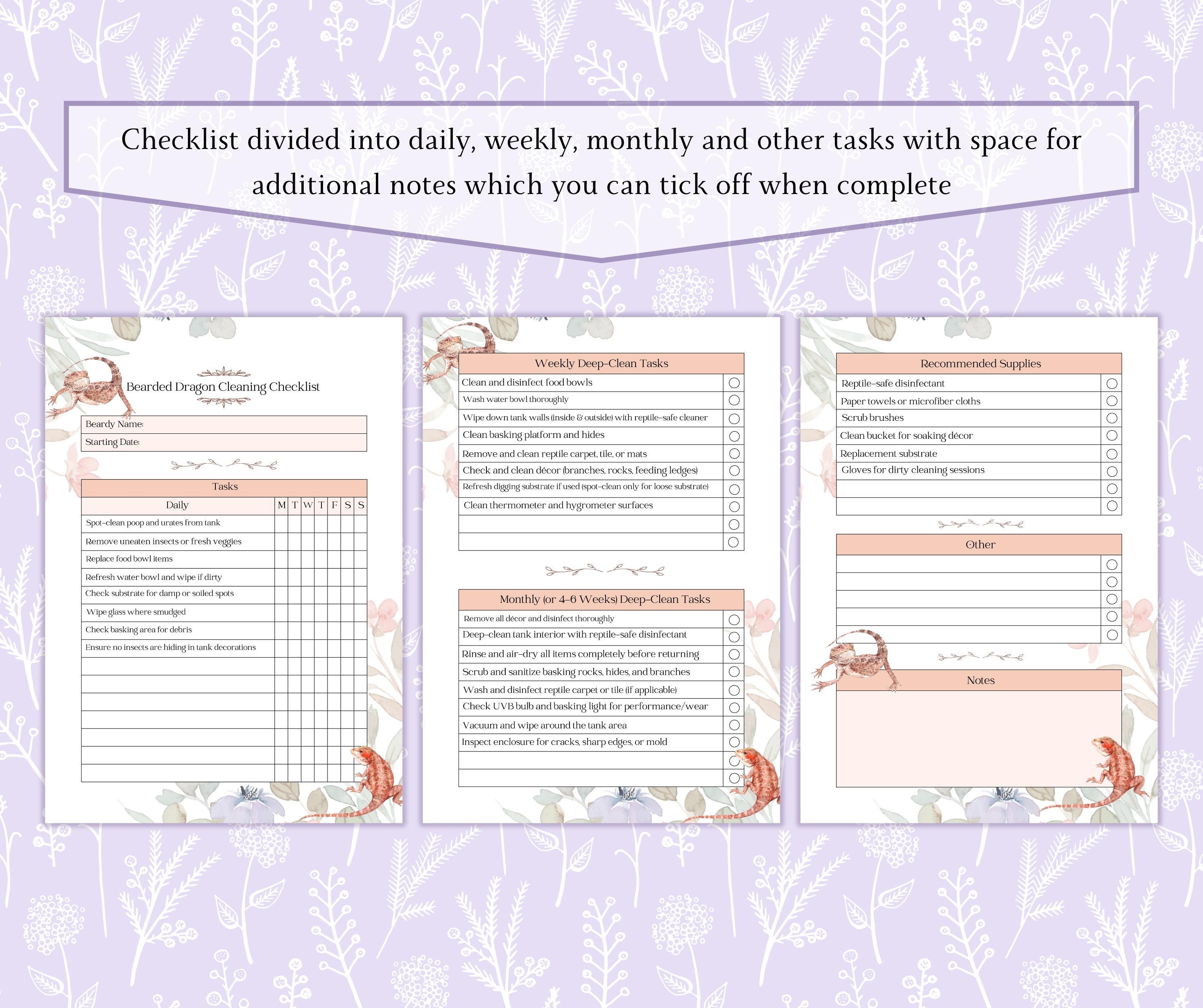 Bearded Dragon Cleaning Checklist Printable PDF, Reptile Tank ...