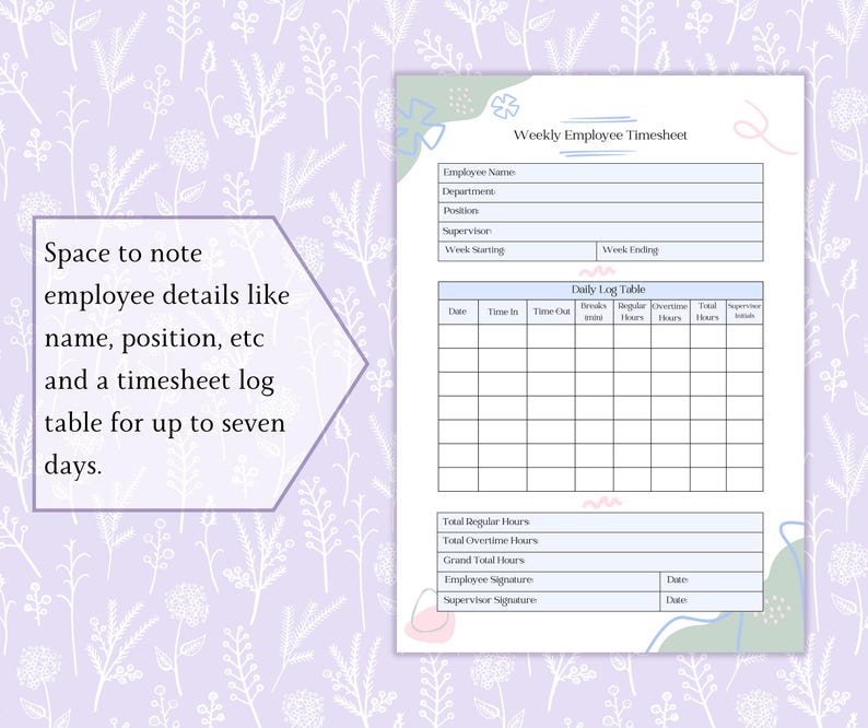 Weekly Employee Timesheet Printable PDF, Work Hours Tracker, Employee ...