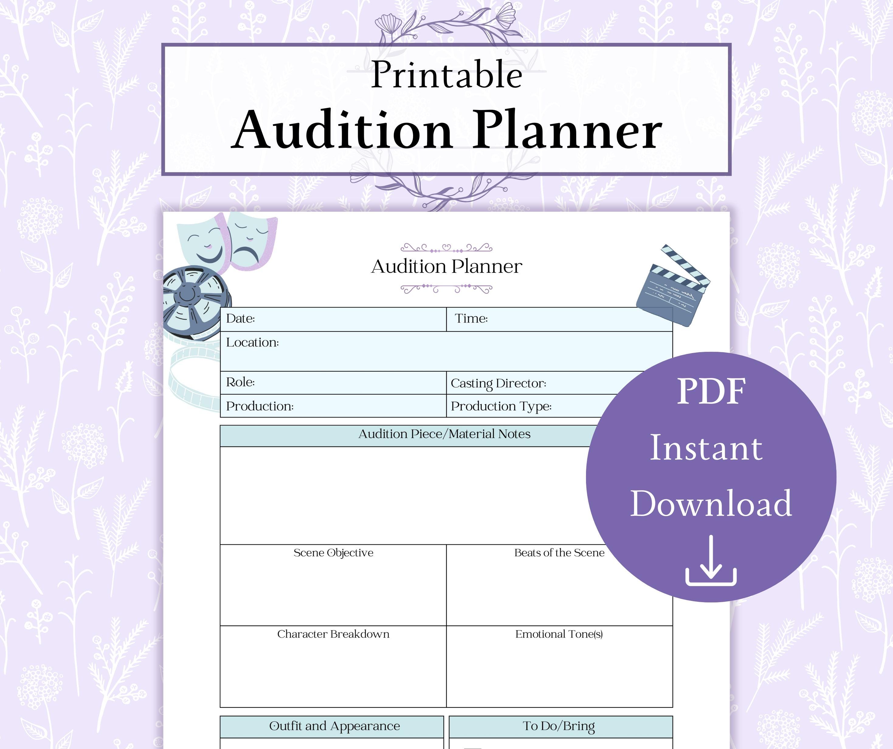 Audition Planner Printable PDF | Actor Planner | Audition Theatre Show ...