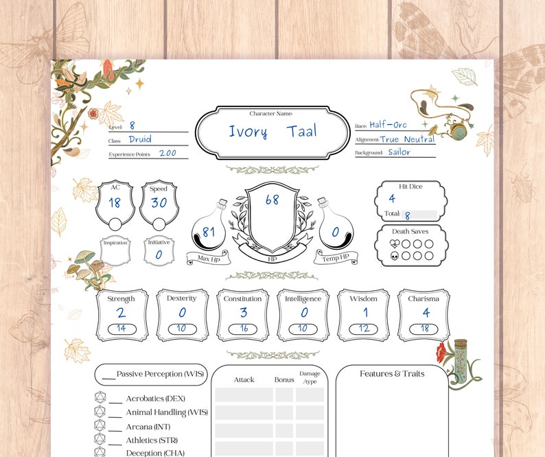 Druid Dnd Character Sheet Printable PDF | Themed Nature Druid Character ...