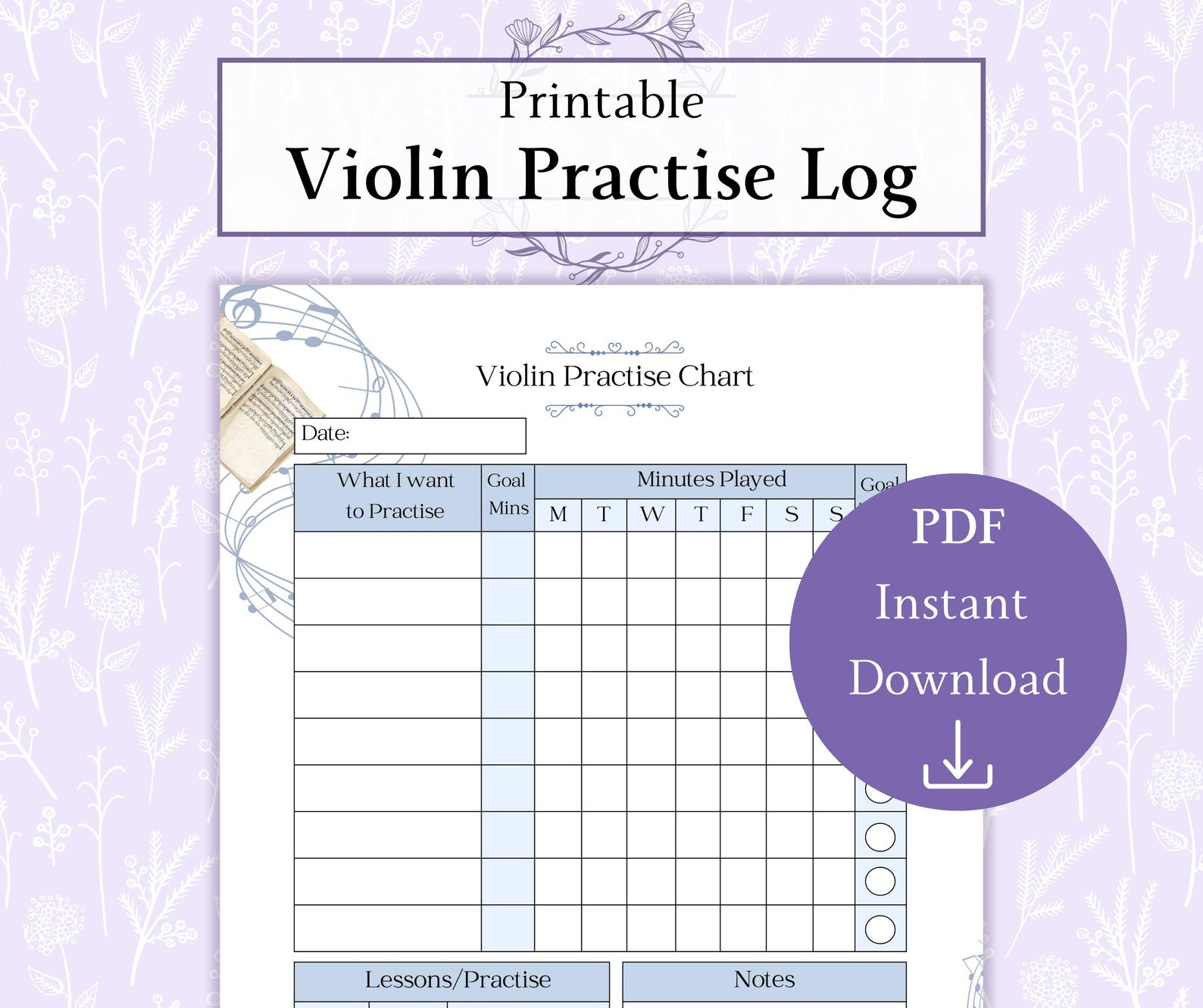 Violin Practice Chart Printable PDF | Weekly Practice Log | Violin ...