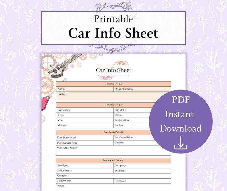 Car Info Sheet Printable PDF | Vehicle Information | Car Owner Info ...