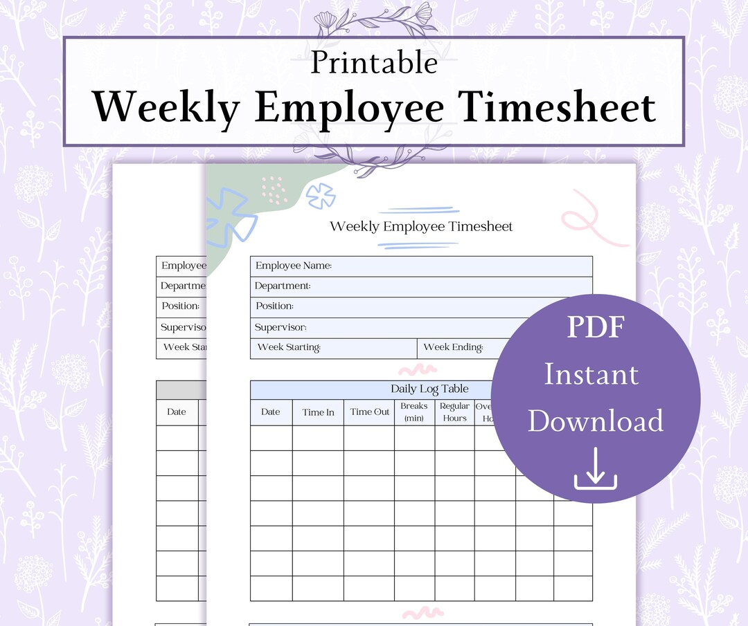 Weekly Employee Timesheet Printable PDF, Work Hours Tracker, Employee ...