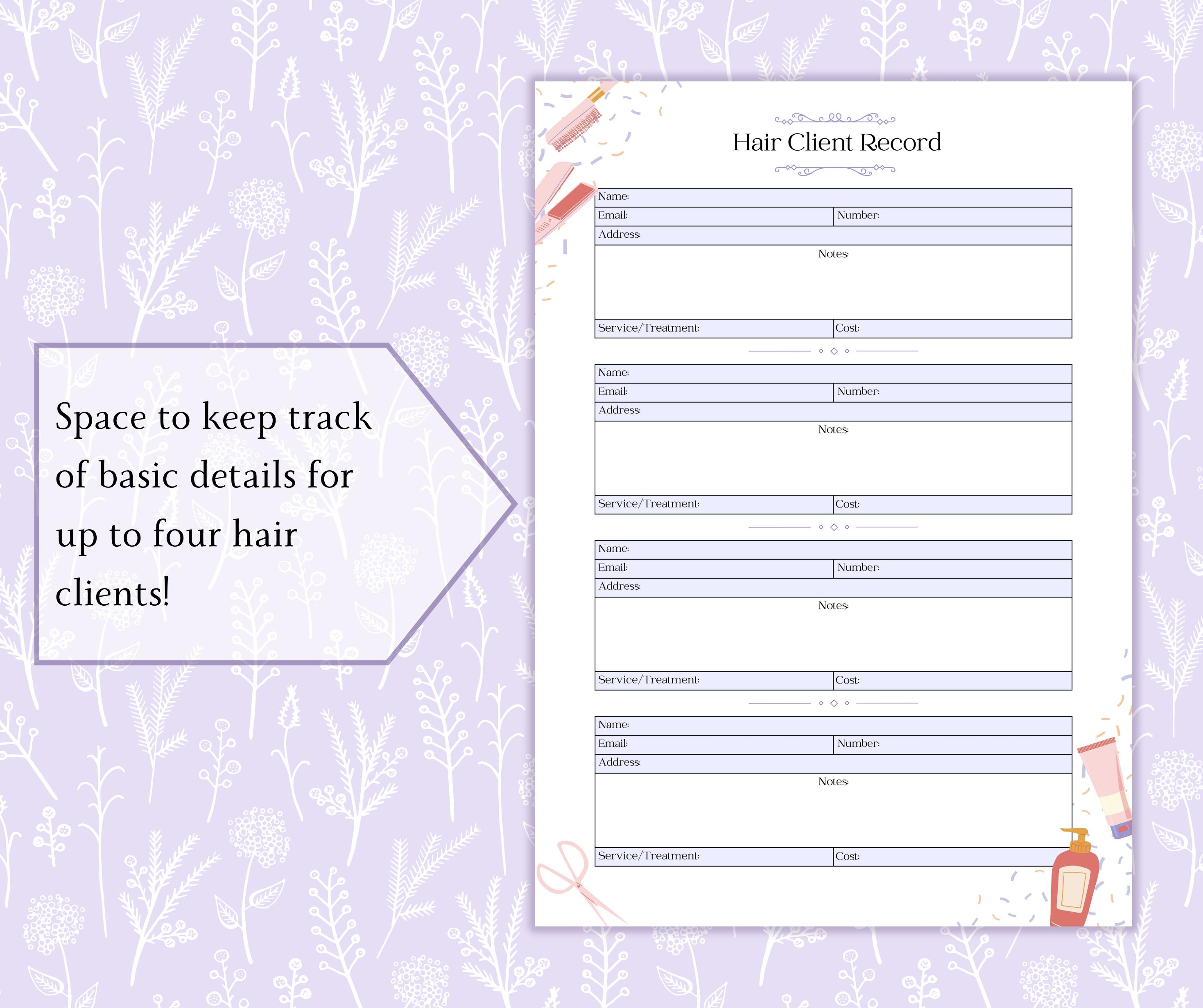 Hair Client Record Printable PDF | Client Profile Appointment Log ...