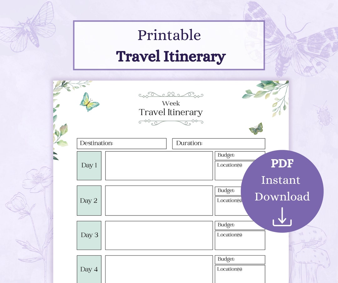 Travel Itinerary Printable PDF | Weekly Planner | Week Vacation Planner ...