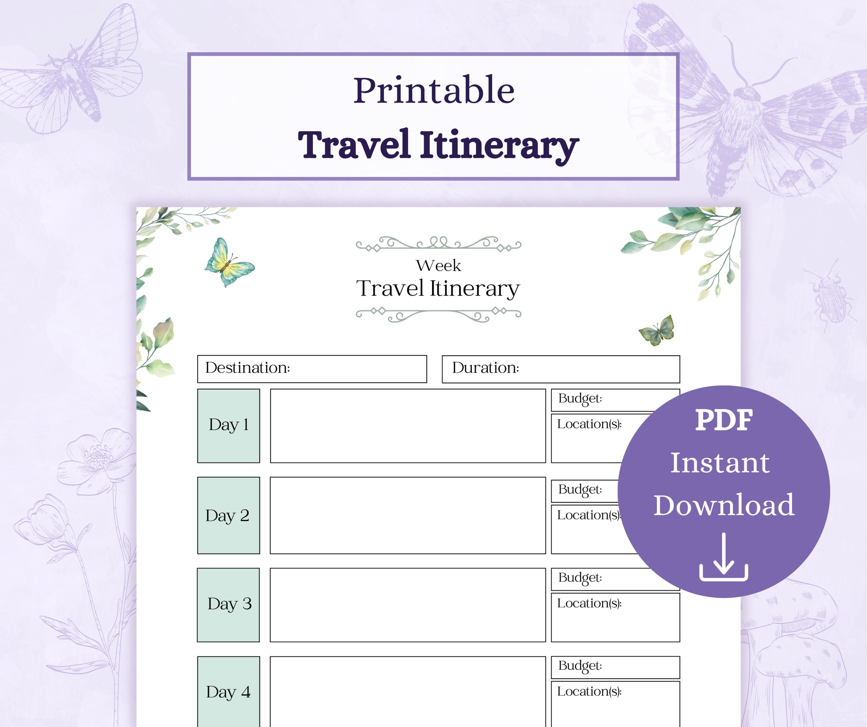 Travel Itinerary Printable PDF | Weekly Planner | Week Vacation Planner ...