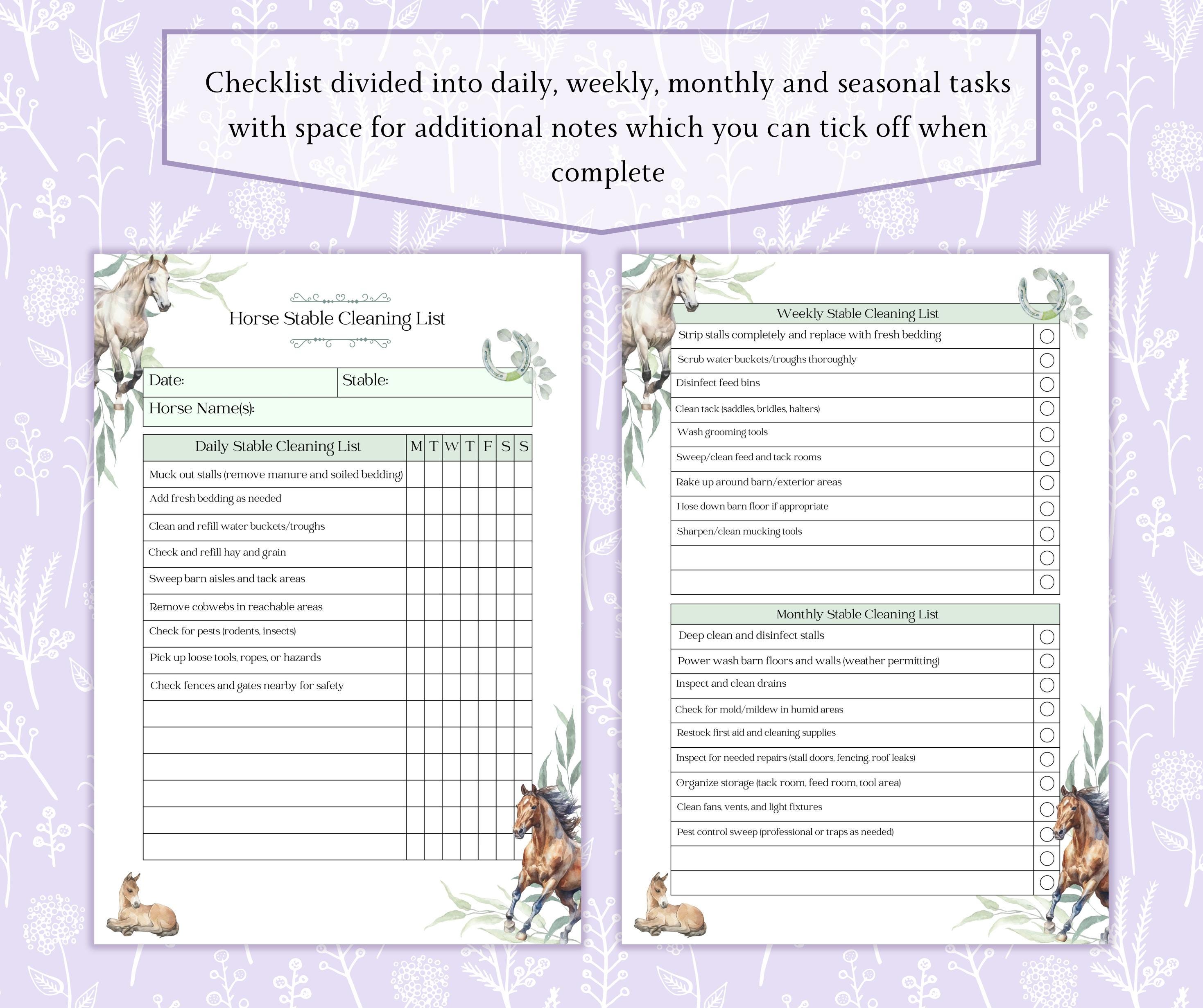 Stable Cleaning Checklist Printable PDF | Horse Cleaning List | Equine ...