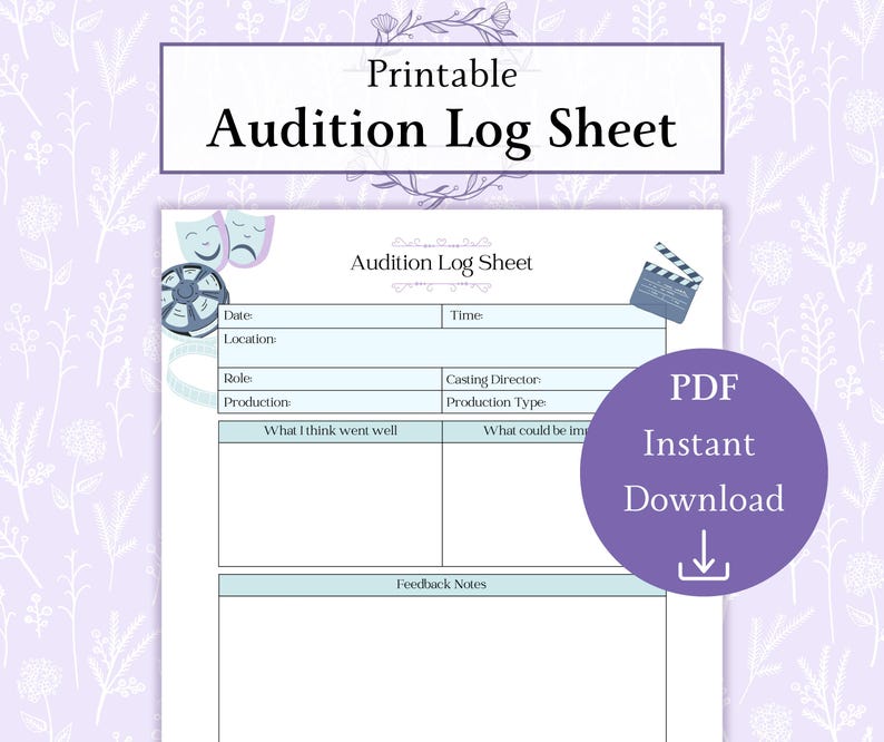 Audition Log Sheet Printable PDF | Audition Feedback Form Sheet | Actor ...
