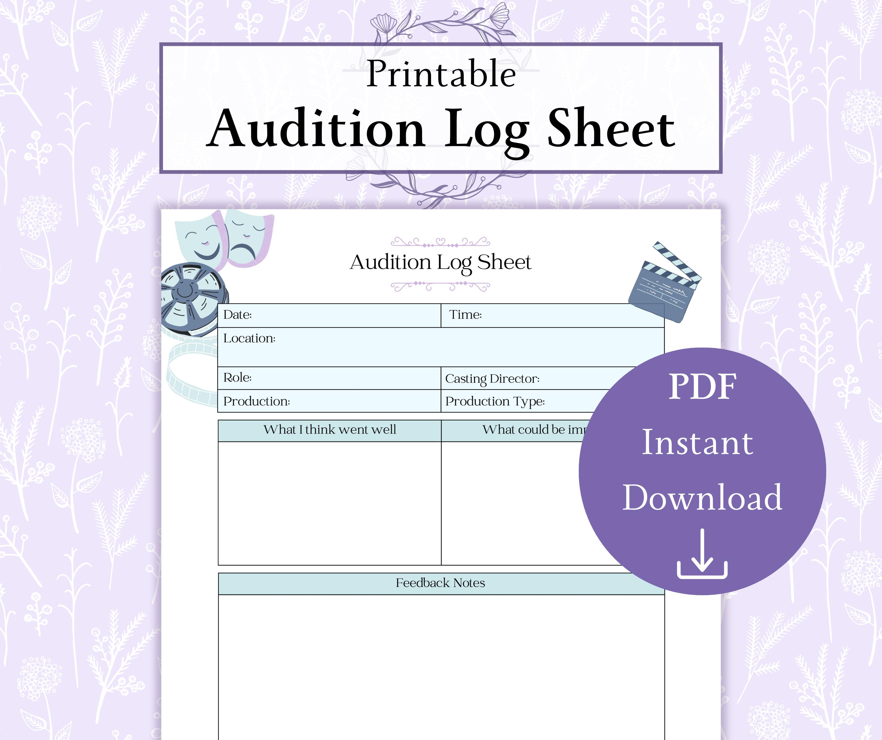 Audition Log Sheet Printable PDF | Audition Feedback Form Sheet | Actor ...