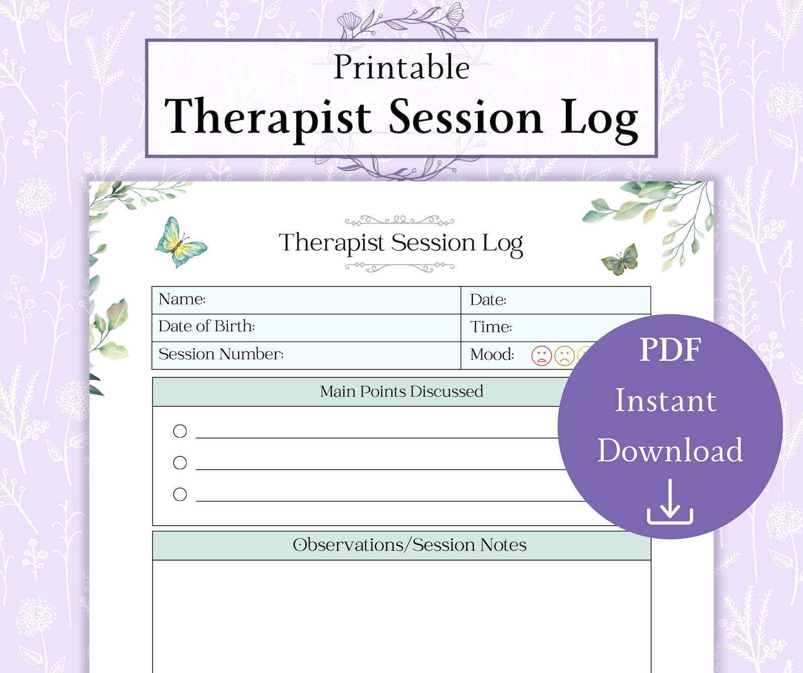 Therapist Session Log Printable PDF | Post Session Notes | Therapy ...