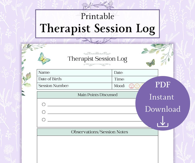 Therapist Session Log Printable PDF | Post Session Notes | Therapy ...