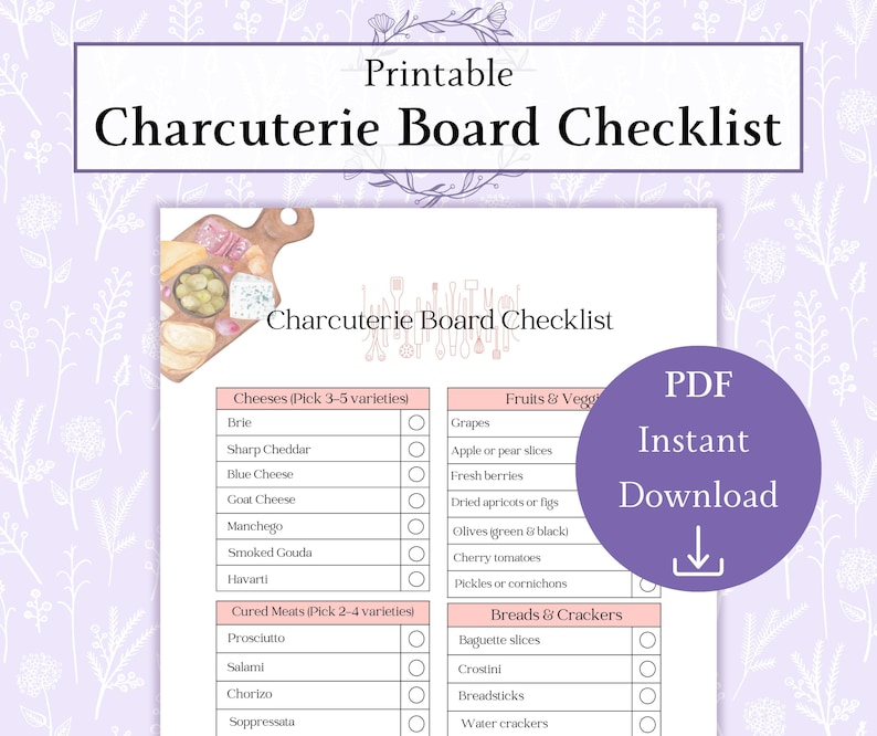 Charcuterie Board Checklist Printable PDF, Cheese Board Shopping List ...