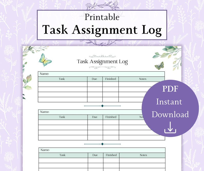 Task Assignment Log Printable PDF | Employee Task List | Task ...