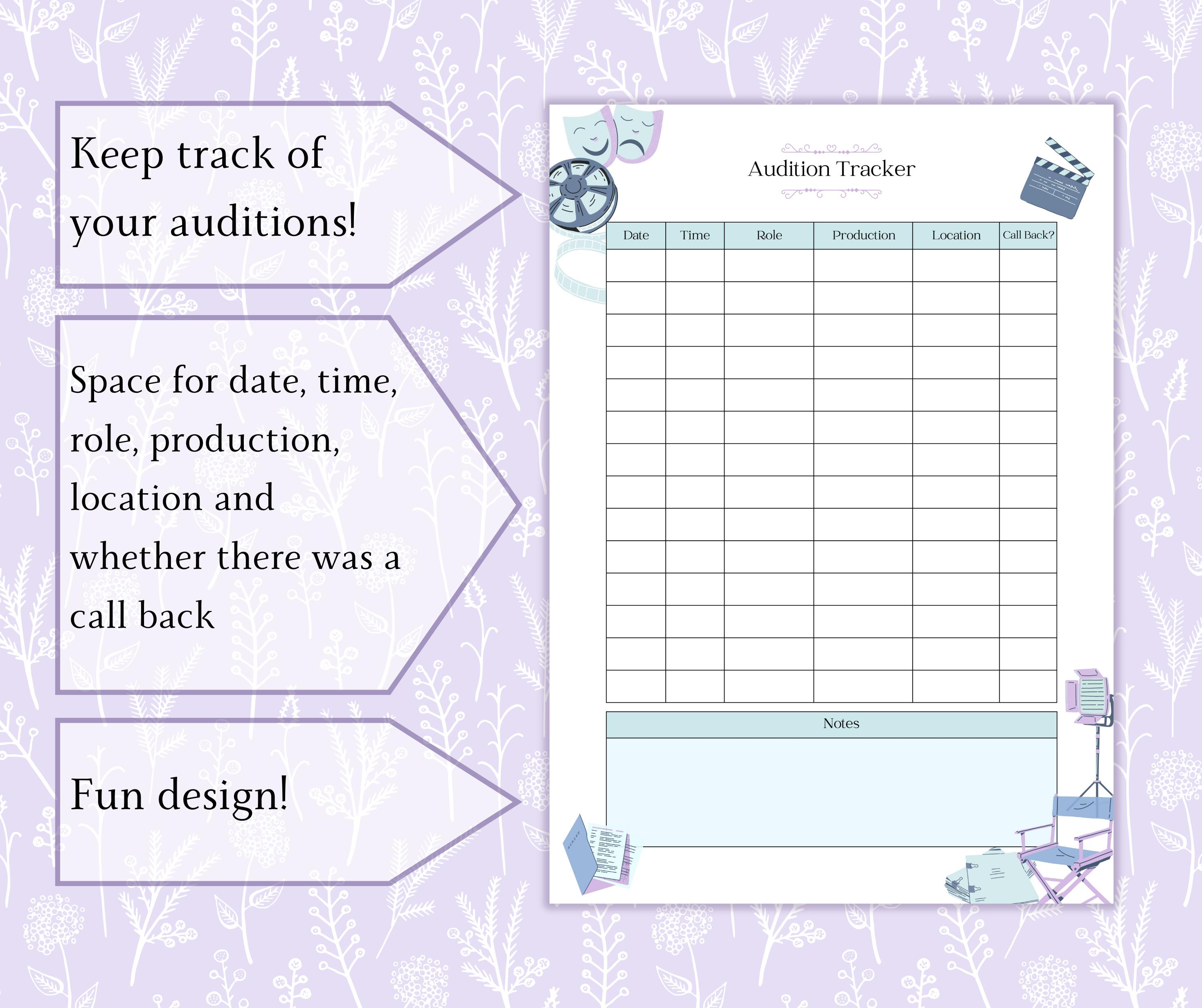 Audition Log Bundle Printable PDF | Audition Planner | Audition Sheet ...