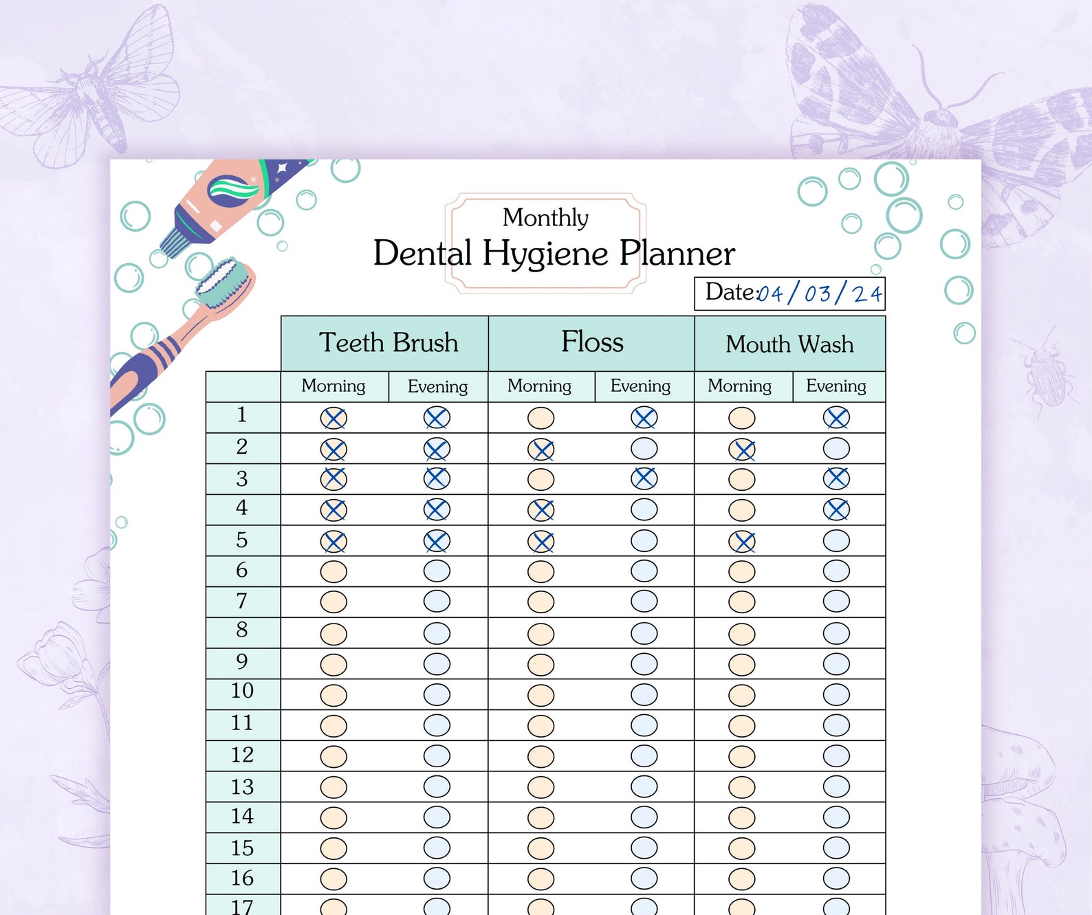 Monthly Dental Hygiene Planner Printable PDF | Tooth Brushing Tracker ...