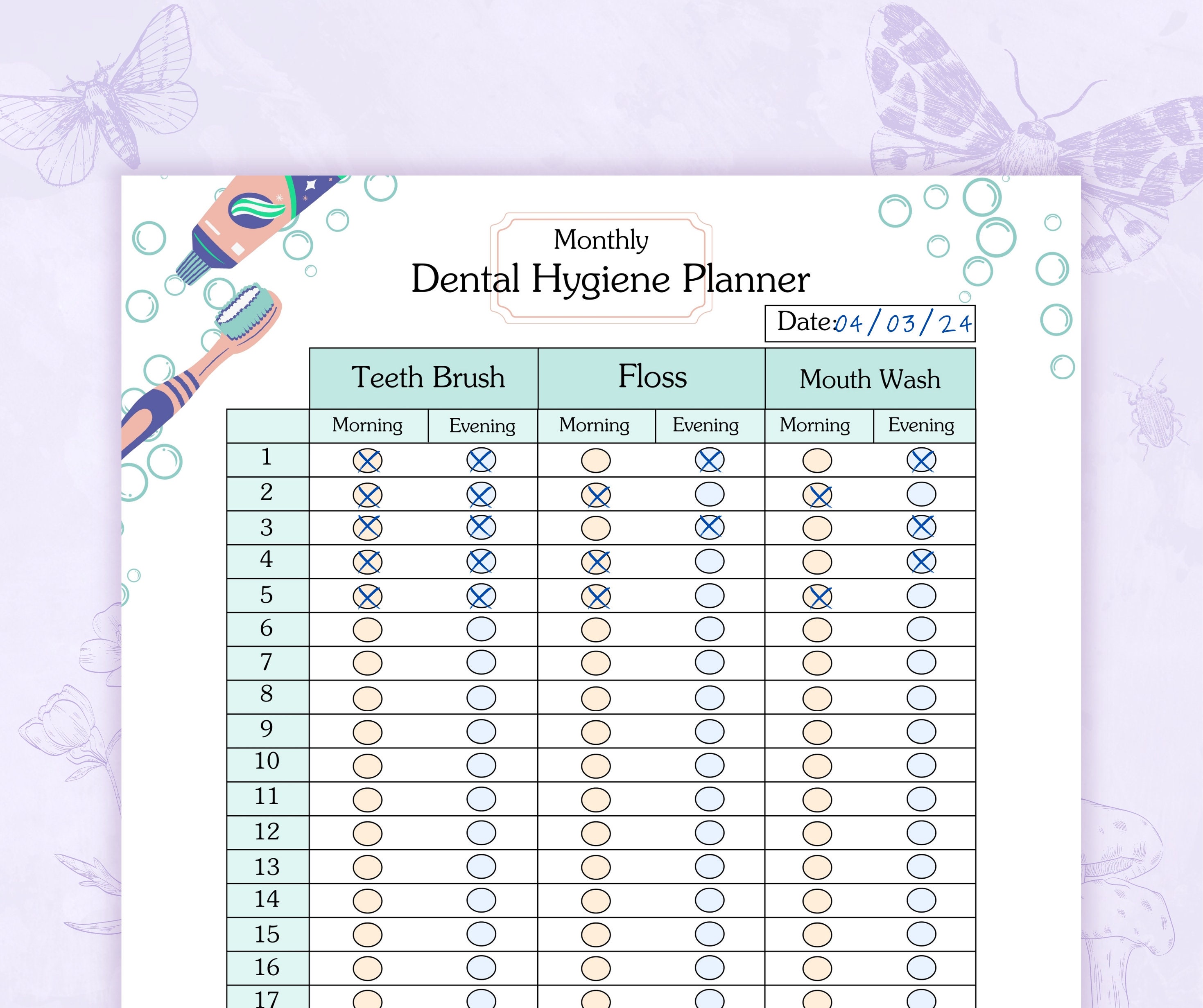 Monthly Dental Hygiene Planner Printable PDF | Tooth Brushing Tracker ...
