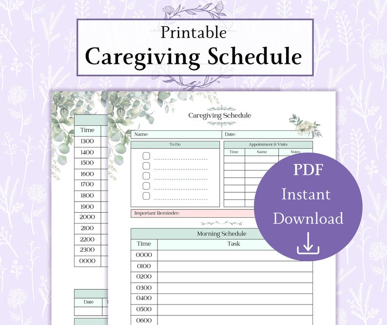 Caregiving Schedule Printable PDF | Caregiver Daily Plan | Caregiver ...
