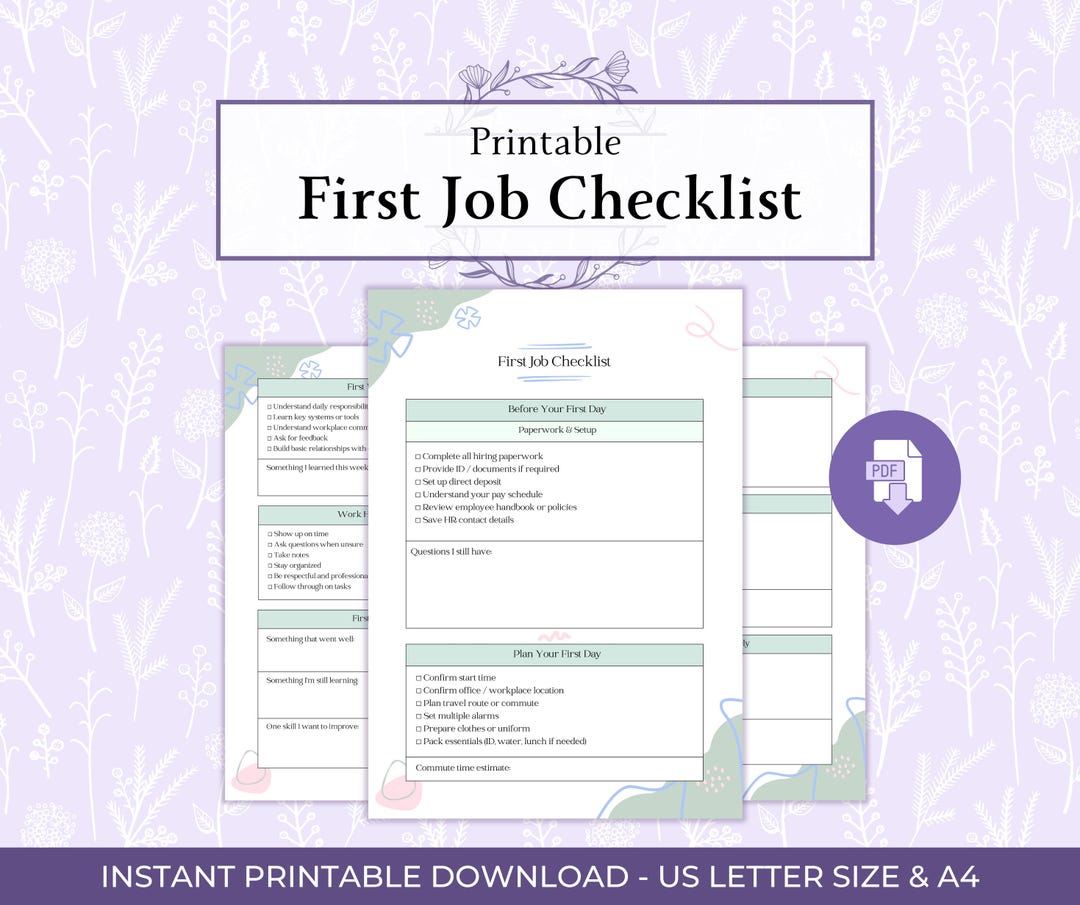 First Job Checklist Printable PDF, New Job Starter Guide, First Day of ...