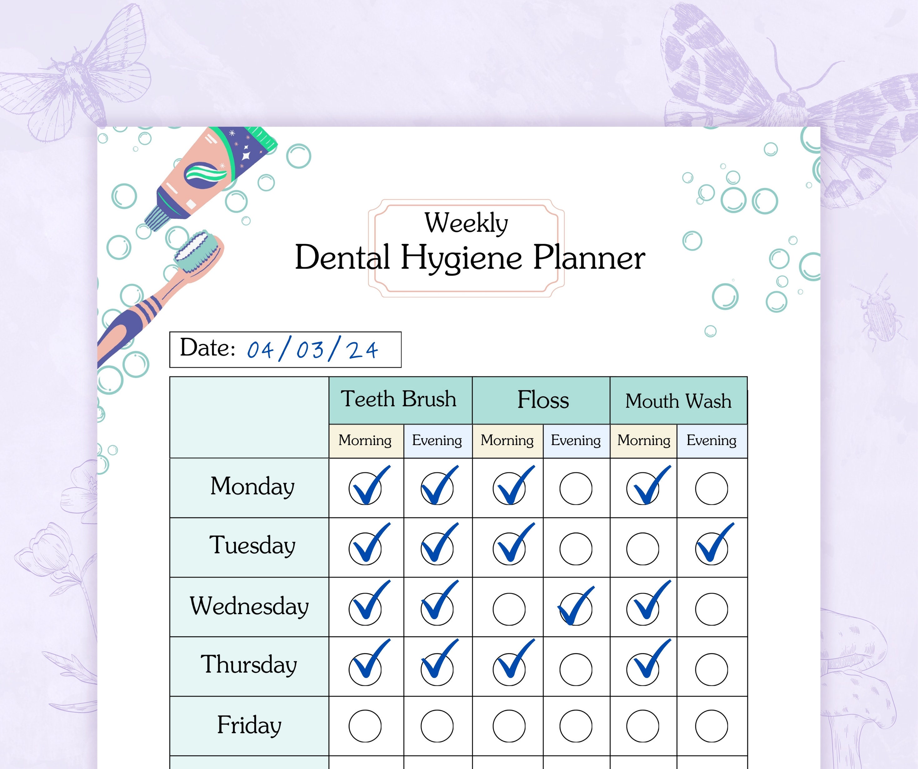 Dental Hygiene Planner Printable PDF | Weekly Teeth Brushing Tracker ...
