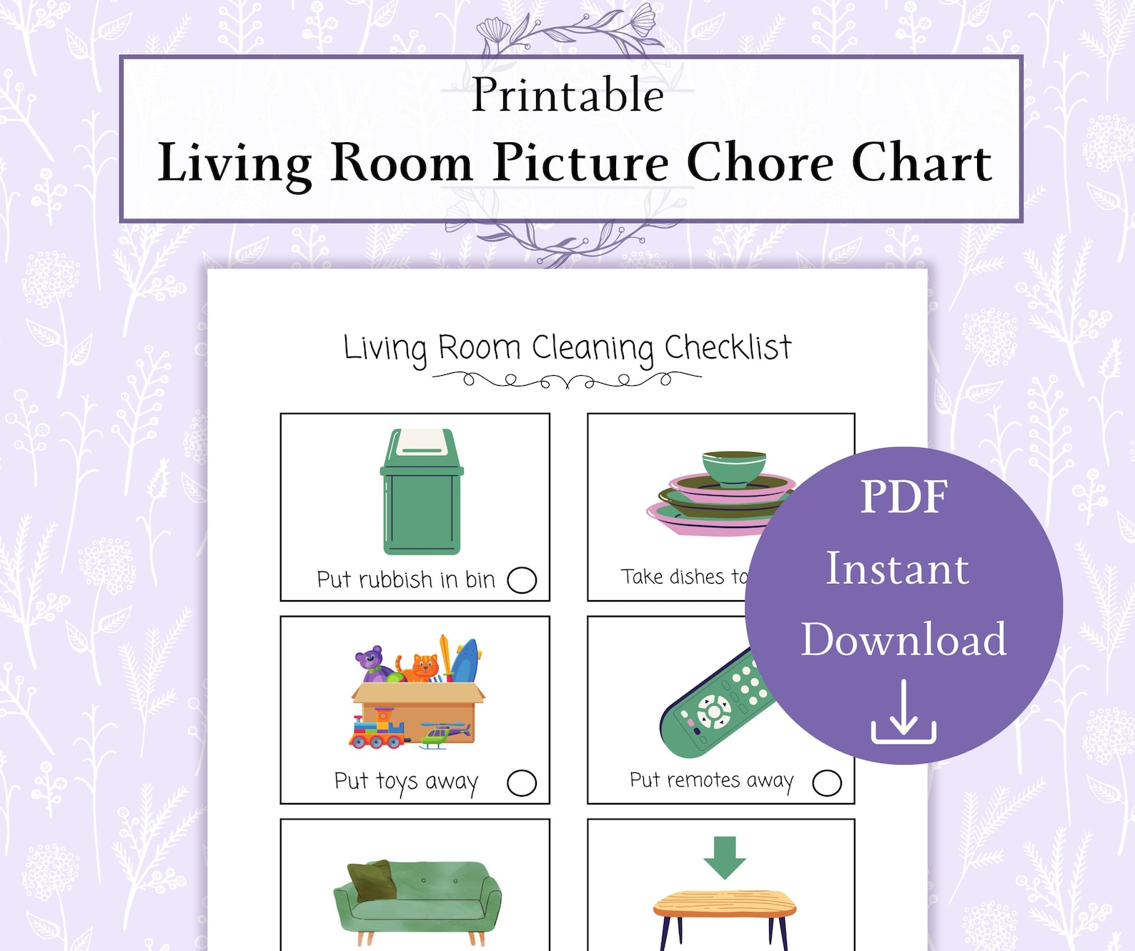 Living Room Picture Chore Chart for Kids Printable PDF | Cleaning ...