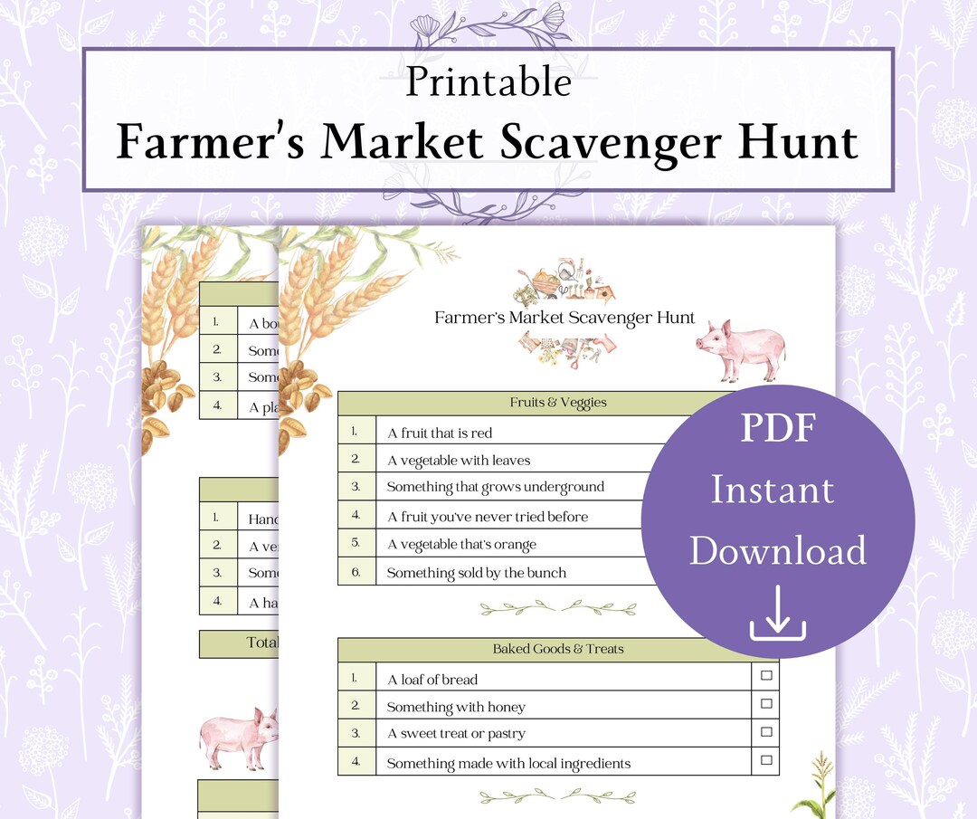 Farmers Market Scavenger Hunt Printable PDF | Farm Market Activity ...