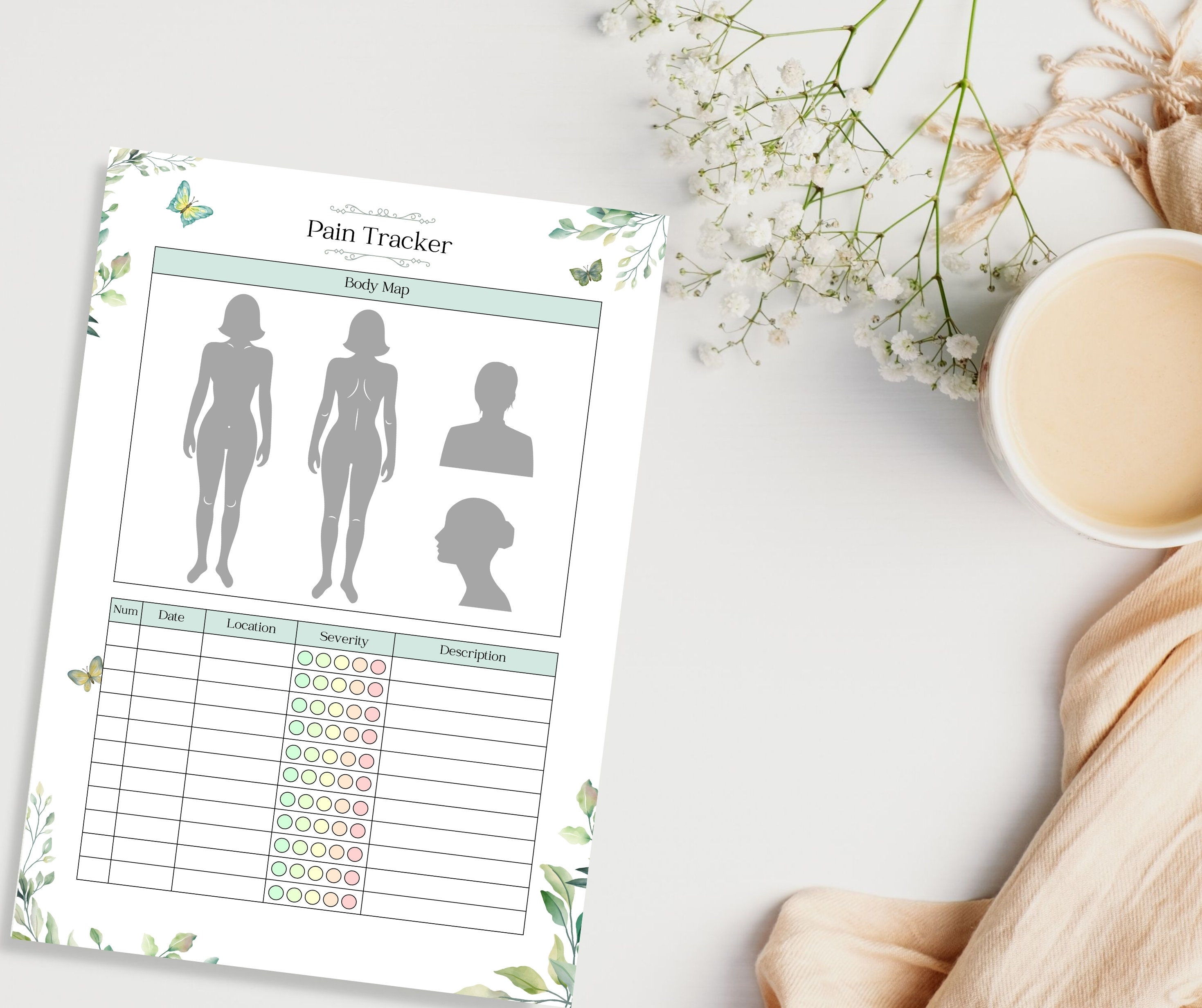 Pain Tracker With Body Map Printable PDF | Pain Diary | Symptom Journal ...