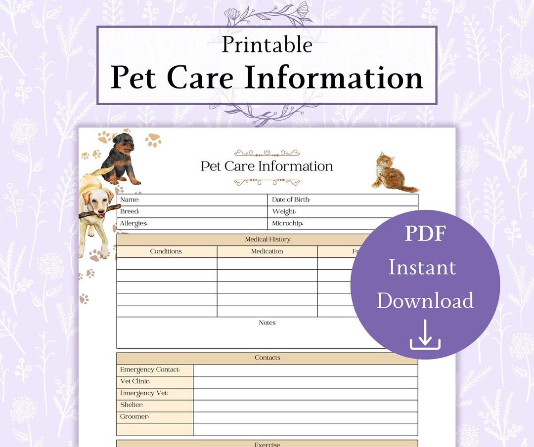 Pet Care Information Printable PDF | Pet Caregiver Log | Dog Info Sheet ...