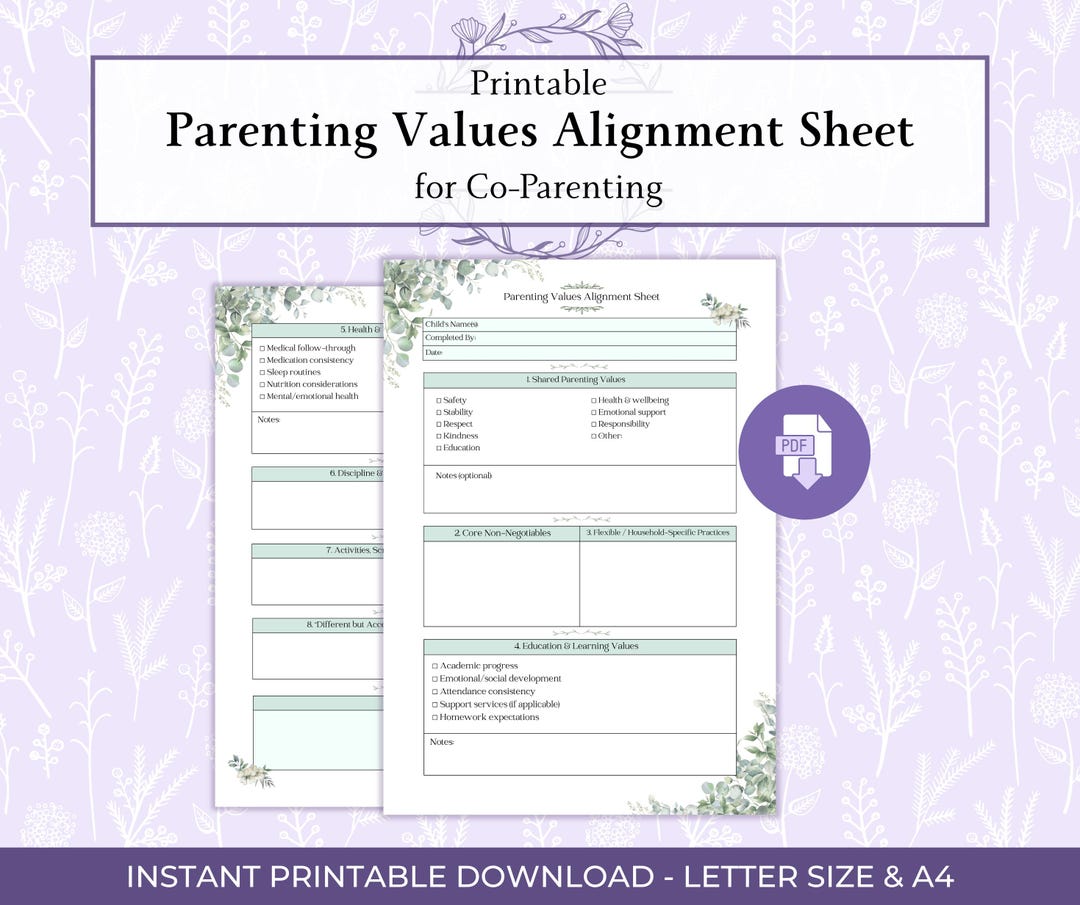 Parenting Values Alignment Sheet for Co-parenting Printable PDF, Child ...