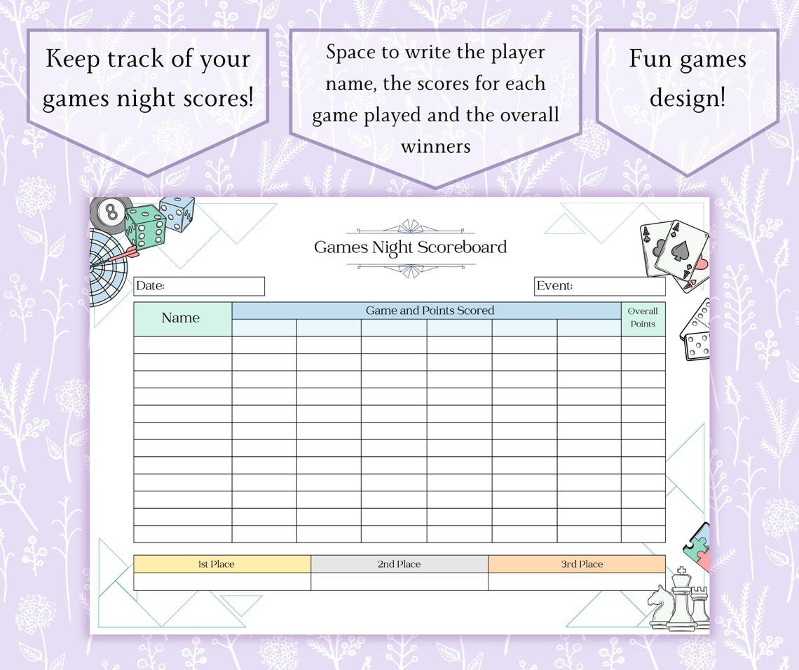 Games Night Scoreboard Printable PDF | Board Games Score Card | Games ...