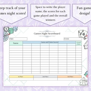 Games Night Scoreboard Printable PDF | Board Games Score Card | Games ...