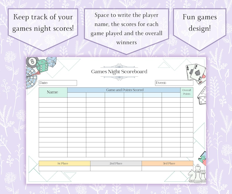 Games Night Scoreboard Printable PDF | Board Games Score Card | Games ...