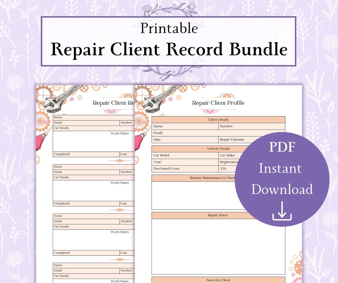 Repair Client Record Printable PDF | Car Repair Record | Client Log ...