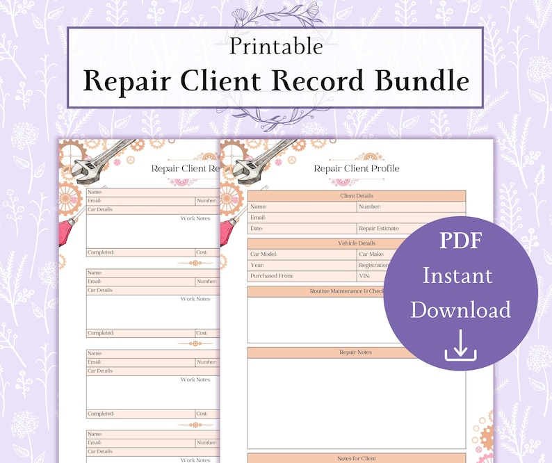 Repair Client Record Printable PDF | Car Repair Record | Client Log ...