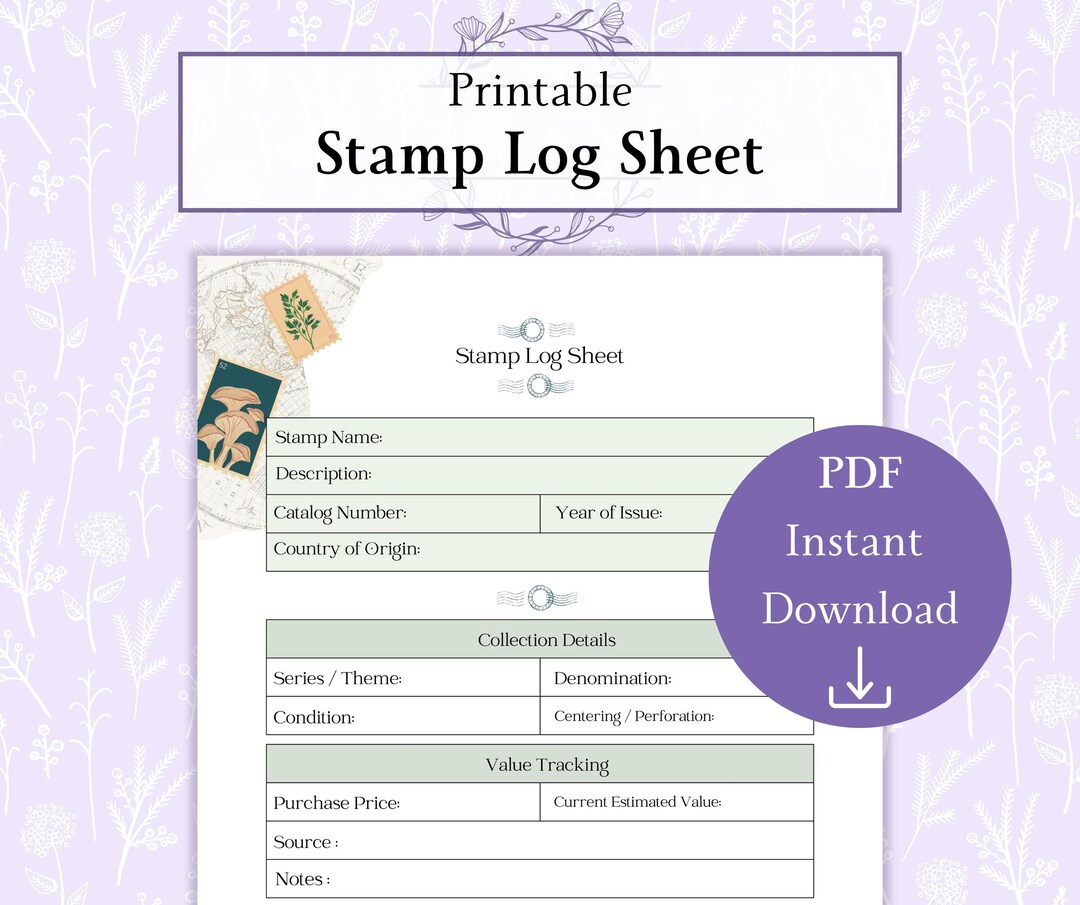 Stamp Log Sheet Printable PDF, Stamp Tracker Sheet, Stamp Collecting ...