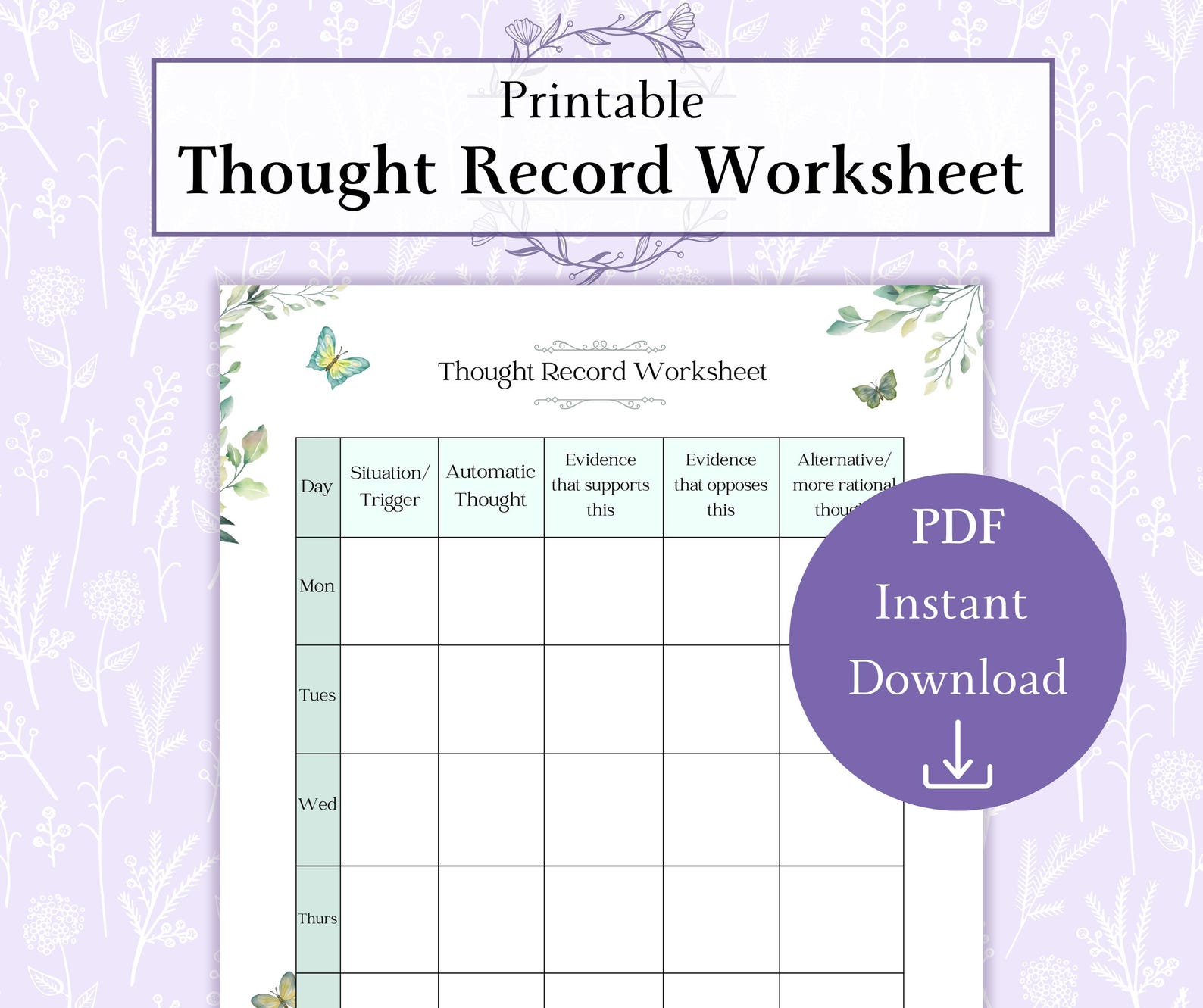 Weekly CBT Thought Record Printable PDF | Cognitive Reframing Thoughts ...