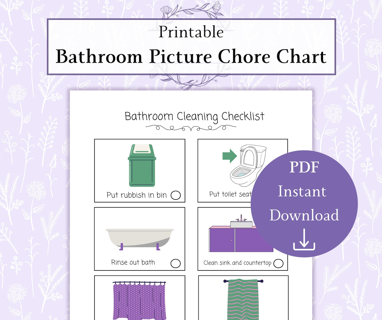 Bathroom Picture Chore Chart for Kids Printable PDF | Bathroom Cleaning ...