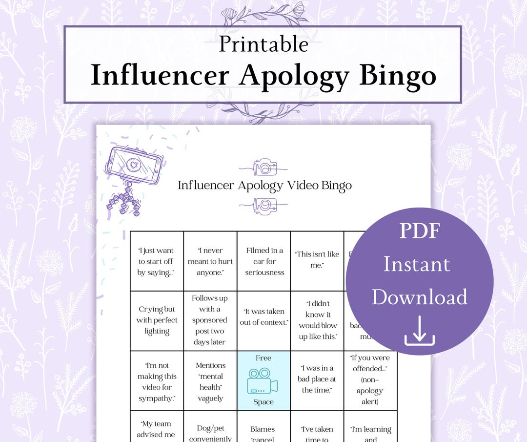 Influencer Apology Bingo Sheet Printable PDF, Apology Video Game ...