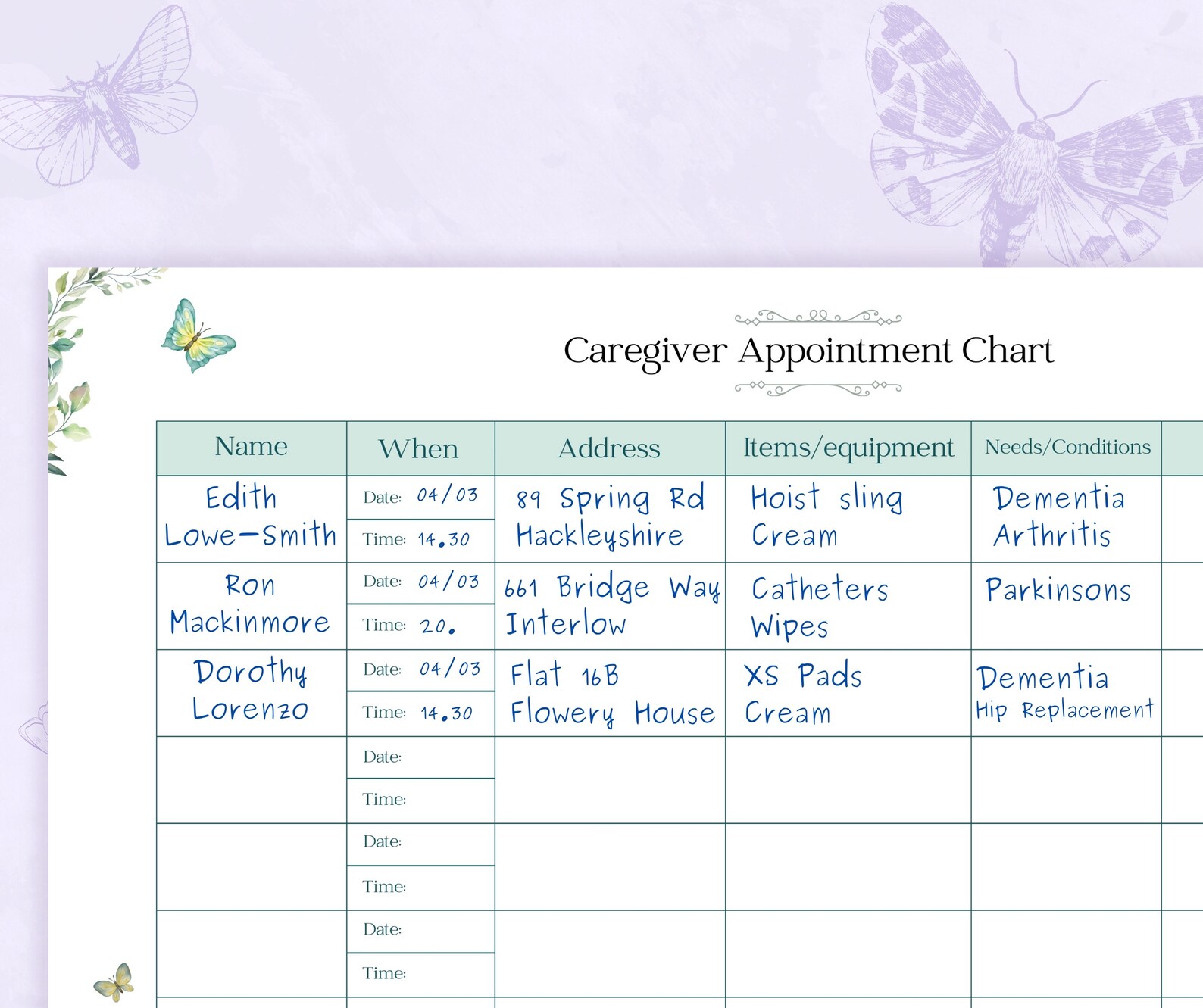 Caregiver Appointment Chart Printable PDF | Caregiver Log | in Home ...