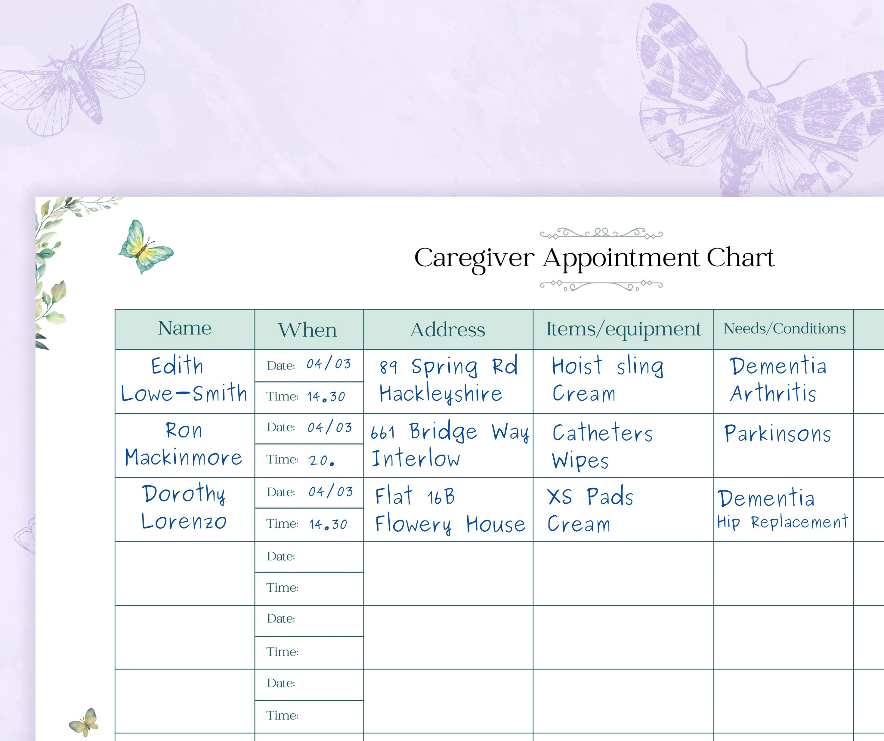 Caregiver Appointment Chart Printable PDF | Caregiver Log | in Home ...