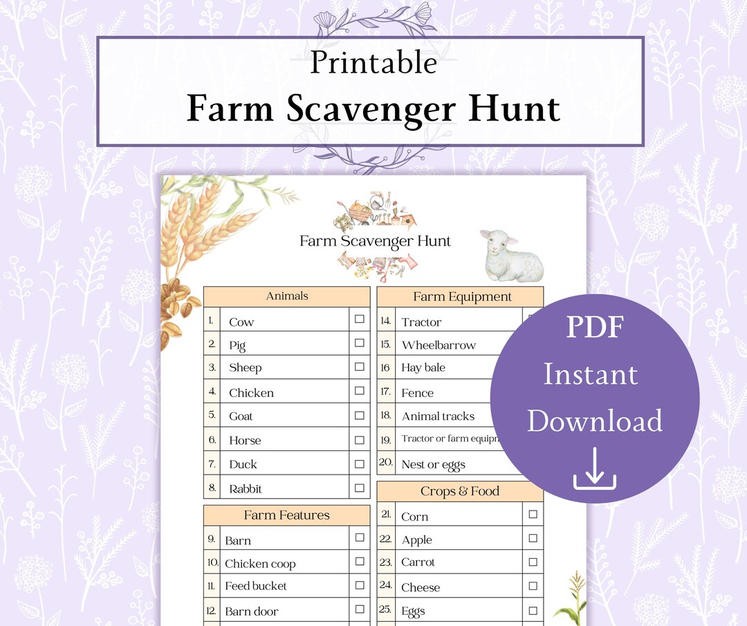Farm Scavenger Hunt Printable PDF | Farm Animal Scavenger Hunt | Farm ...