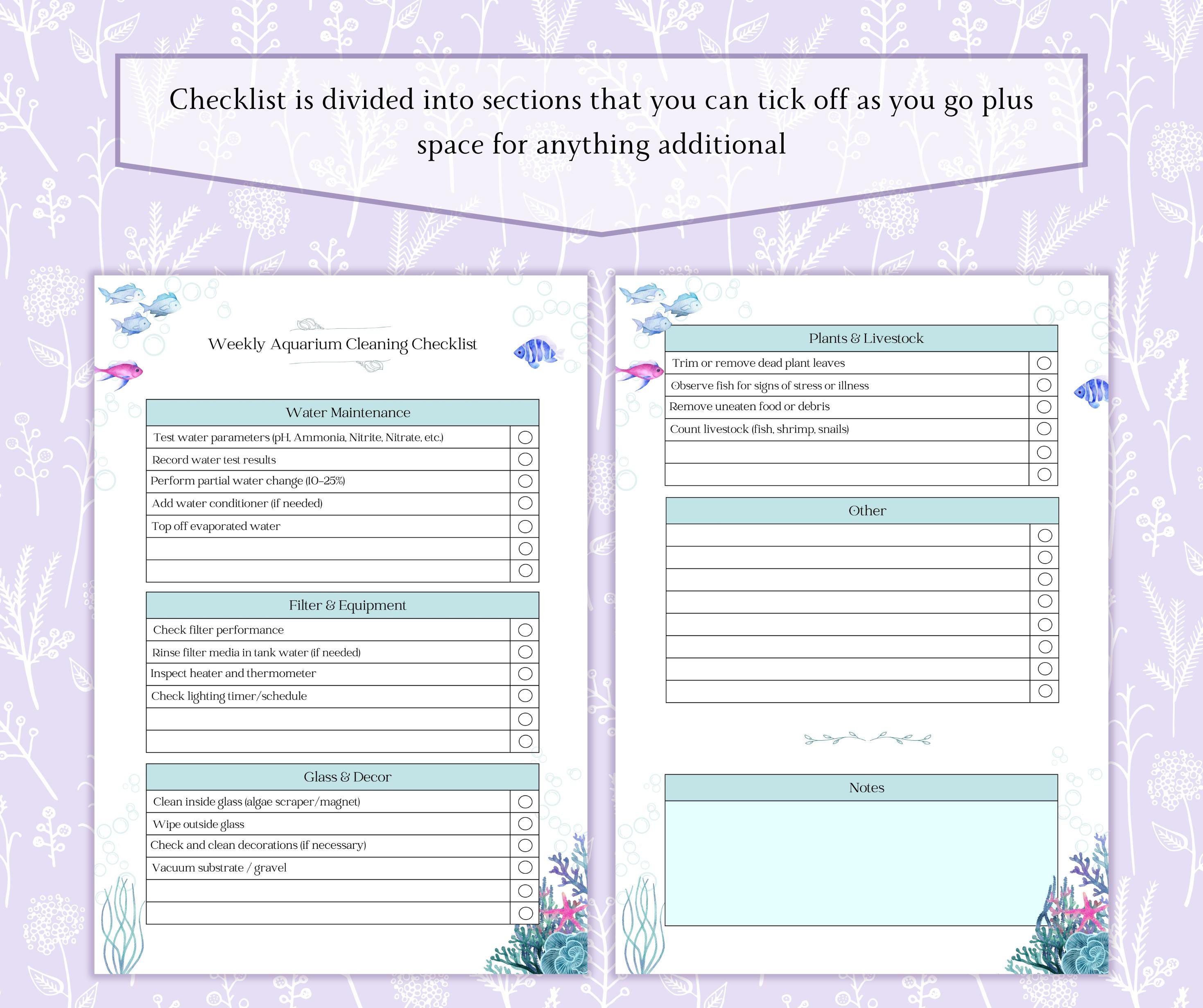 Aquarium Cleaning Checklist Printable PDF | Weekly Tank Maintenance ...