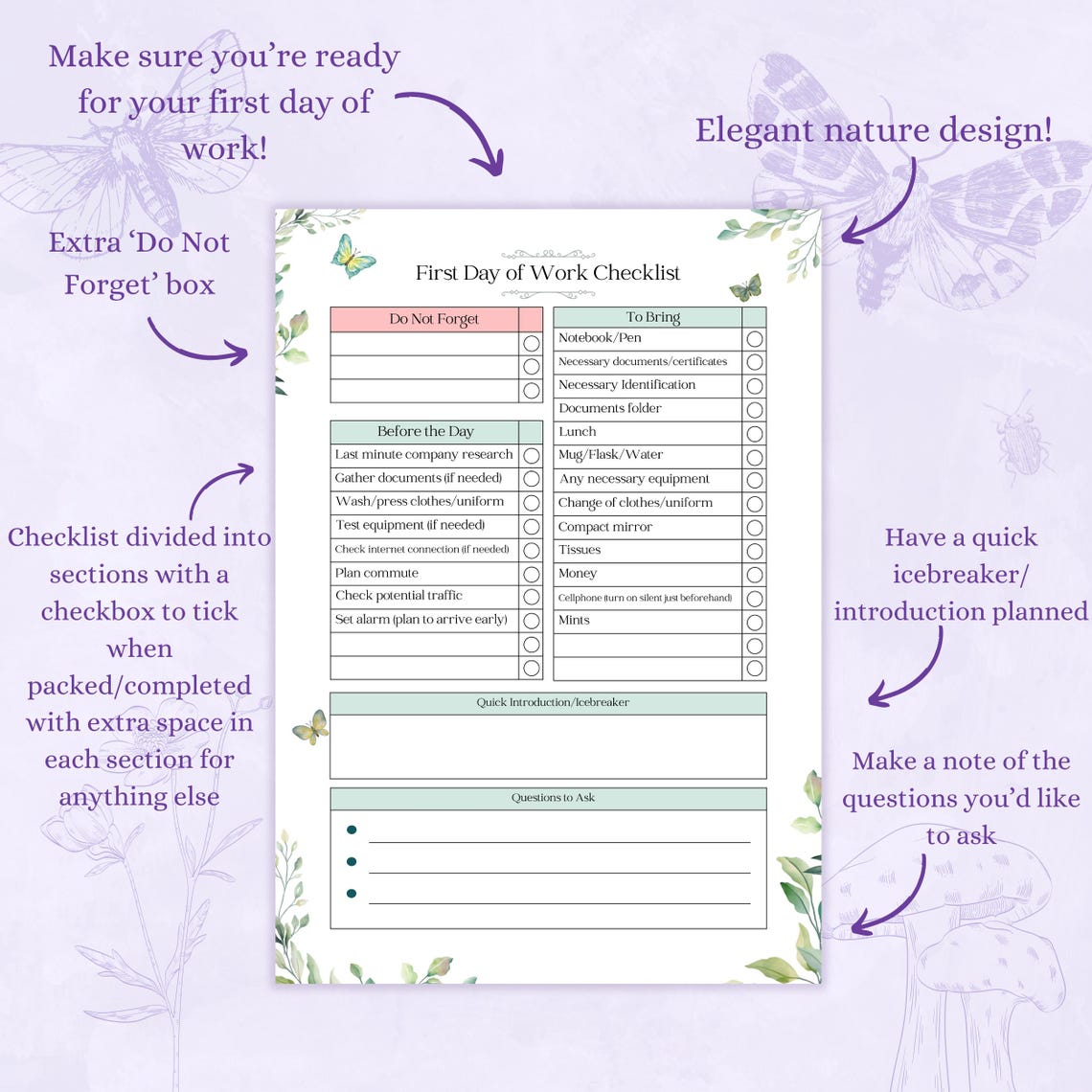 First Day of Work Checklist Printable PDF | New Job Checklist | Career ...