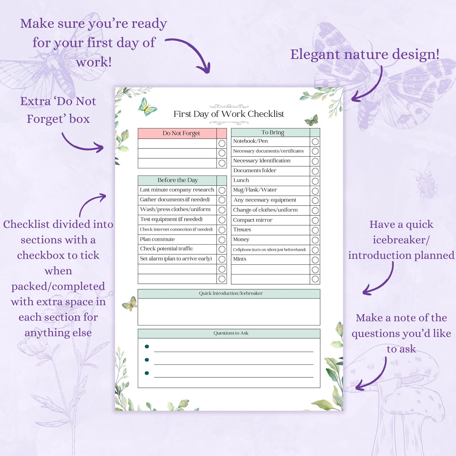 First Day of Work Checklist Printable PDF | New Job Checklist | Career ...