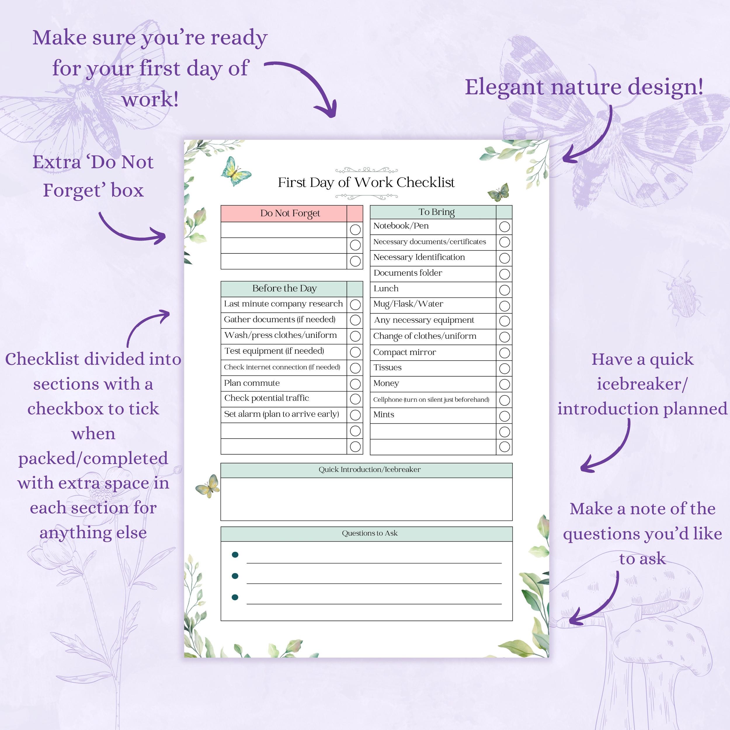 First Day of Work Checklist Printable PDF | New Job Checklist | Career ...