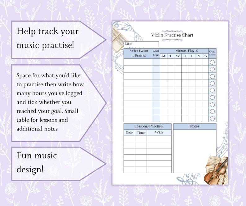 Violin Practice Chart Printable PDF | Weekly Practice Log | Violin ...